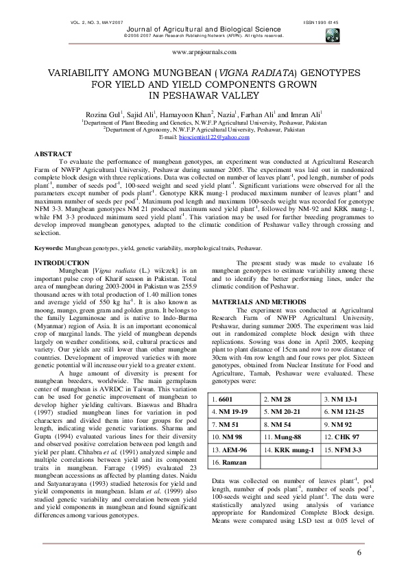 (PDF) VARIABILITY AMONG MUNGBEAN (VIGNA RADIATA) GENOTYPES FOR YIELD AND YIELD COMPONENTS GROWN ...