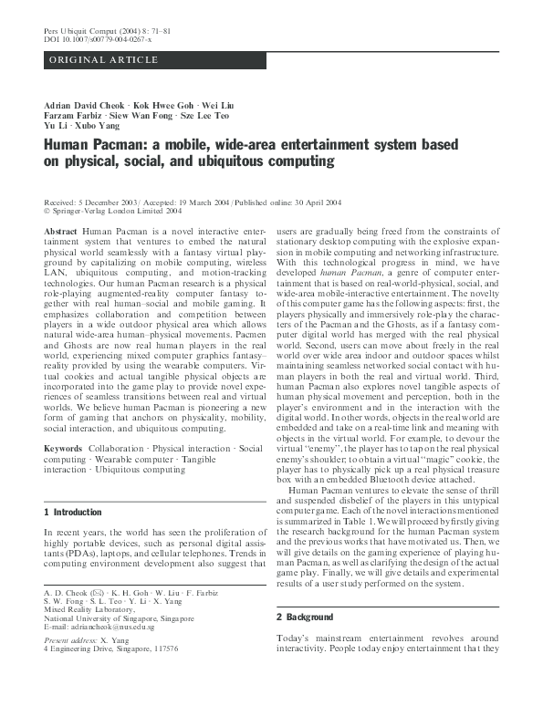 (PDF) Human Pacman: a mobile wide-area entertainment system based on ...