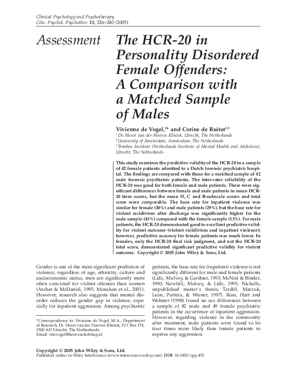 (PDF) HCR-20 Predictive Validity in Female vs Male Offenders