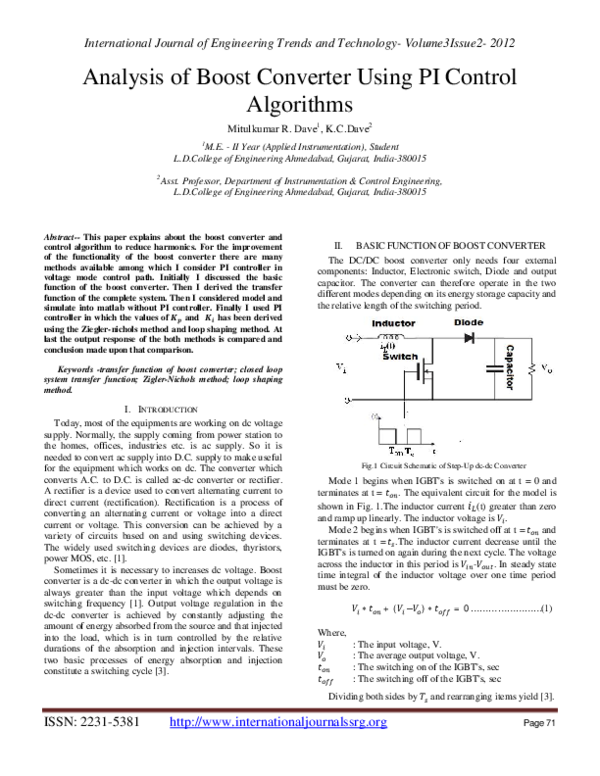 Pdf Analysis Of Boost Converter Using Pi Control Algorithms