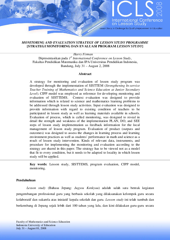 (PDF) MONITORING AND EVALUATION STRATEGY OF LESSON STUDY PROGRAMME ...