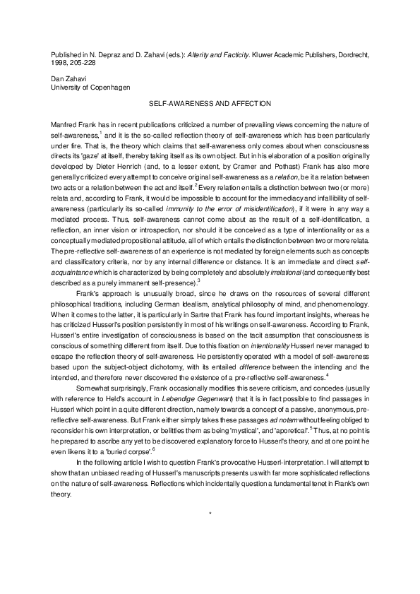 (PDF) Self-awareness and affection | Dan Zahavi - Academia.edu