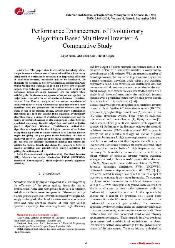 Pdf Performance Enhancement Of Evolutionary Algorithm Based Multilevel Inverter A Comparative