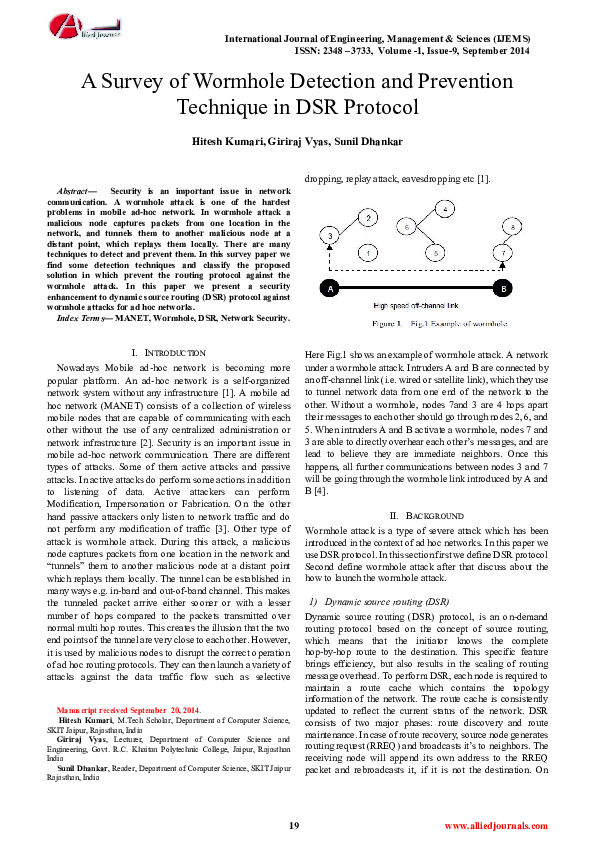 Pdf A Survey Of Wormhole Detection And Prevention Technique In Dsr