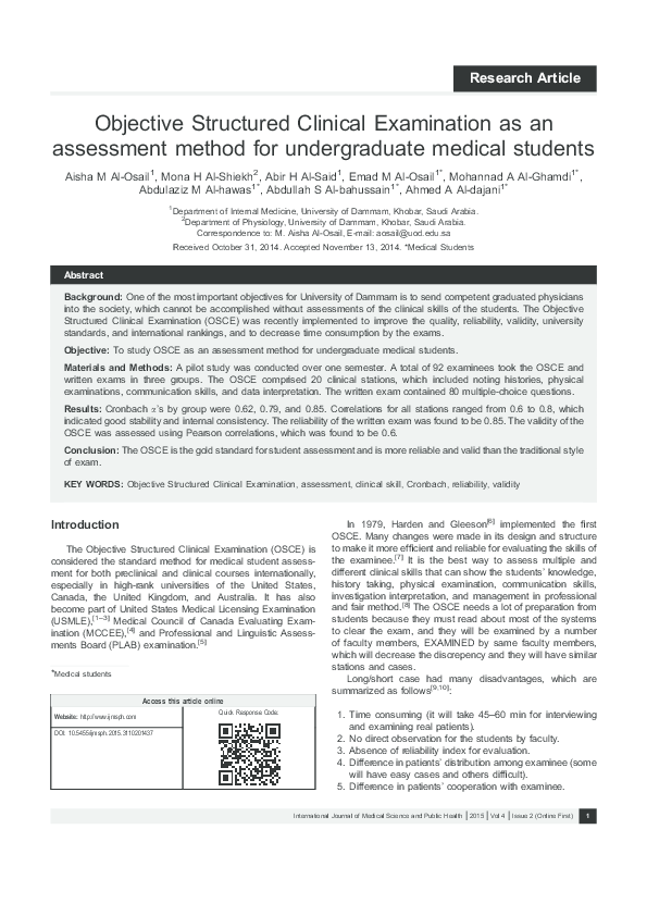 (PDF) Objective Structured Clinical Examination as an assessment method ...