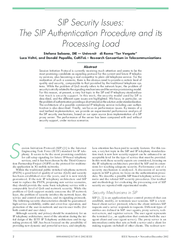 Pdf Sip Security Issues The Sip Authentication Procedure And Its Processing Load Stefano