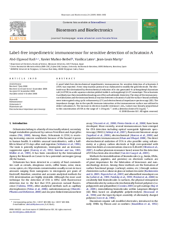 (PDF) Label-free impedimetric immunosensor for sensitive detection of ochratoxin A