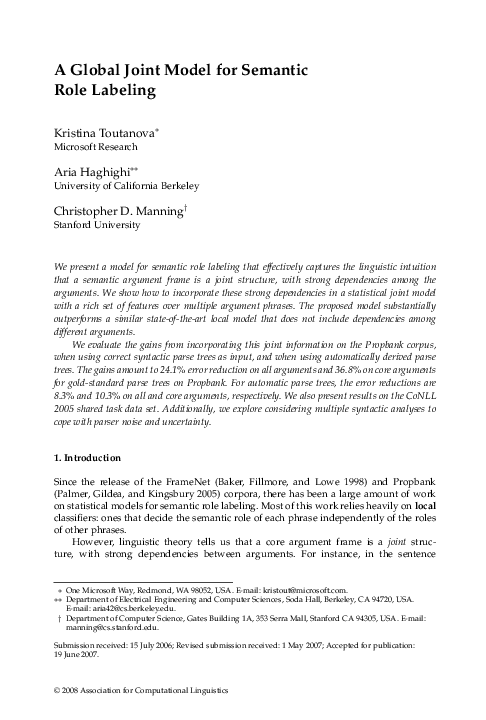 (PDF) A Global Joint Model for Semantic Role Labeling