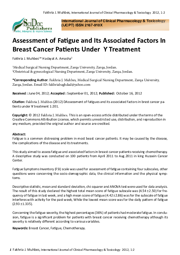 (PDF) Assessment of Fatigue and Its Associated Factors In Breast Cancer ...