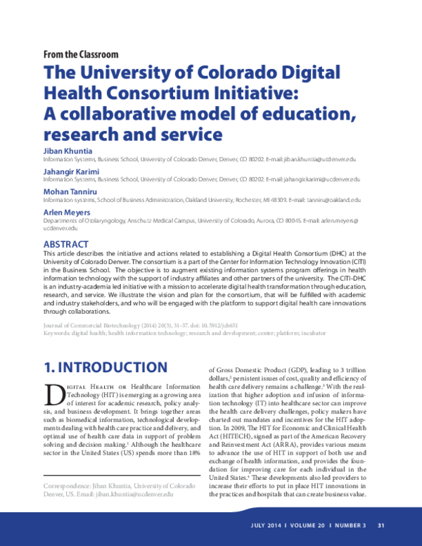 The University of Colorado Digital Health Consortium Initiative: A ...