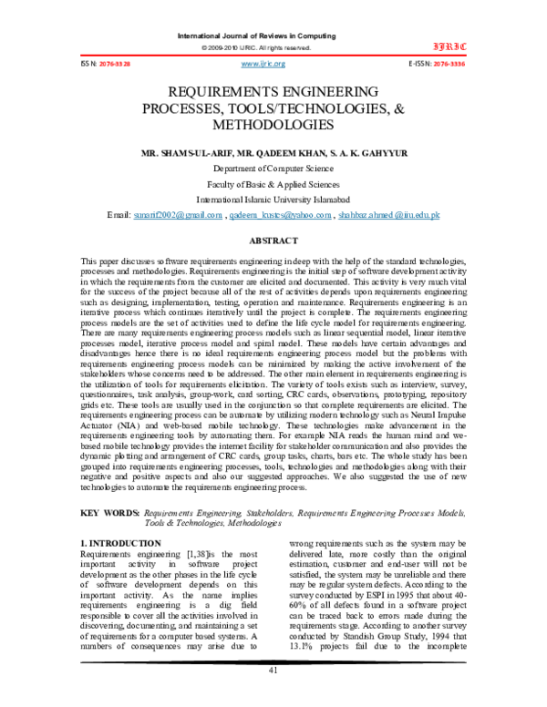 (PDF) REQUIREMENTS ENGINEERING PROCESSES, TOOLS/TECHNOLOGIES, & METHODOLOGIES