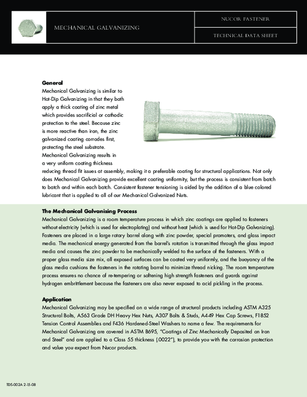 (PDF) mechanical galvanizing Technical DaTa SheeT nUcOR FaSTeneR