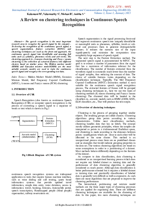 Doc A Review On Clustering Techniques In Continuous Speech Recognition
