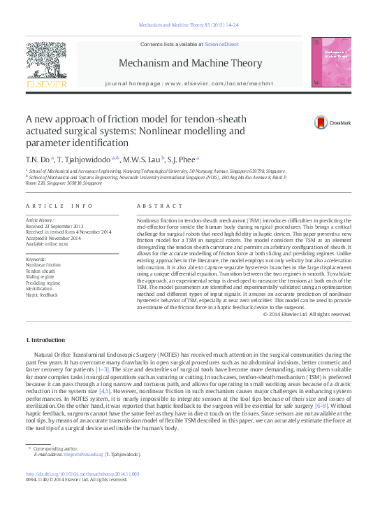 (PDF) A Novel Approach of Friction Model for Tendon-Sheath Actuated Surgical Systems: Nonlinear ...