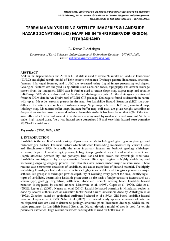 (PDF) TERRAIN ANALYSIS USING SATELLITE IMAGERIES & LANDSLIDE HAZARD ZONATION (LHZ) MAPPING IN ...