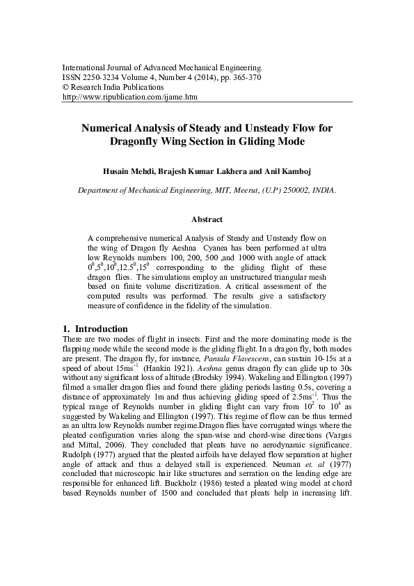 Pdf Numerical Analysis Of Steady And Unsteady Flow For Dragonfly Wing Section In Gliding Mode