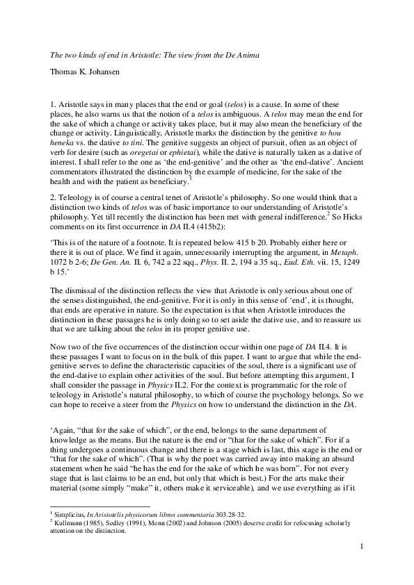 (PDF) Two kinds of telos in Aristotle: The view from the De Anima