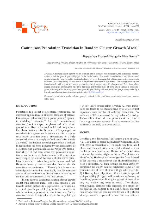 Pdf Continuous Percolation Transition In Random Cluster Growth Model†