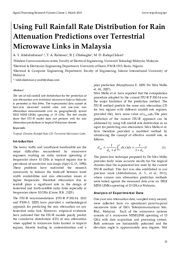 (PDF) Using Full Rainfall Rate Distribution for Rain Attenuation Predictions over Terrestrial ...