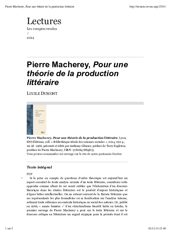Pierre Macherey, Pour une théorie de la production littéraire. Lyon ...