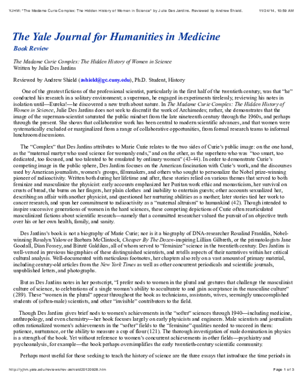 (PDF) Review: The Madame Curie Complex: The Hidden History of Women in ...