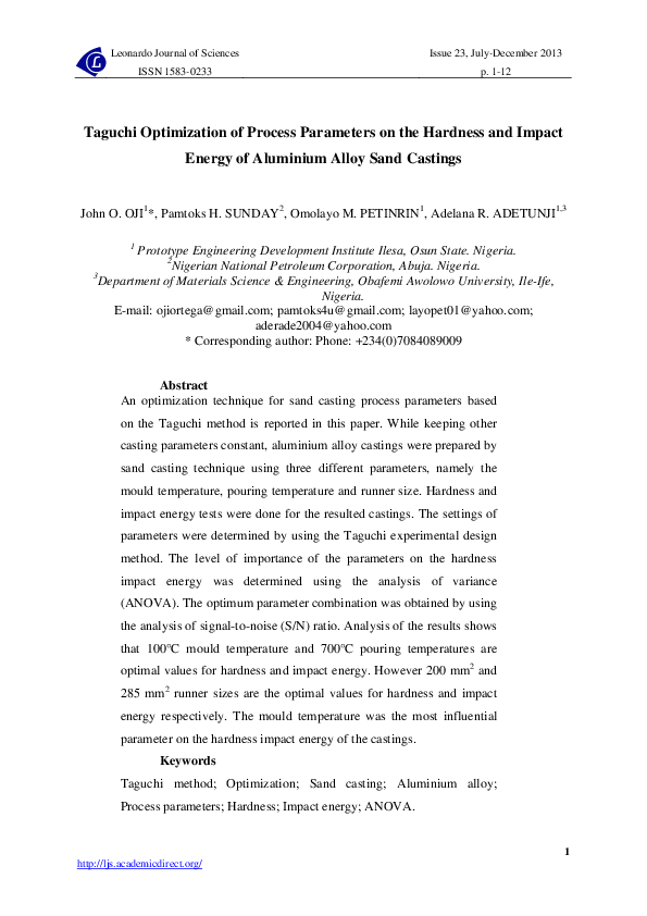 Pdf Taguchi Optimization Of Process Parameters On The Hardness And Impact Energy Of Aluminium