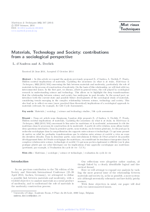 (PDF) Materials, Technology and Society: contributions from a ...