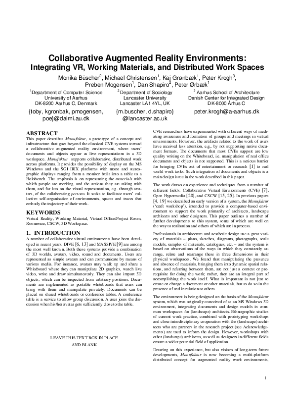 (PDF) Collaborative augmented reality environments: integrating VR, working materials, and ...