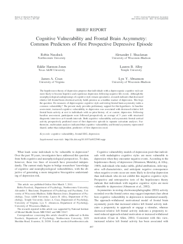 (PDF) Cognitive vulnerability and frontal brain asymmetry: Common ...
