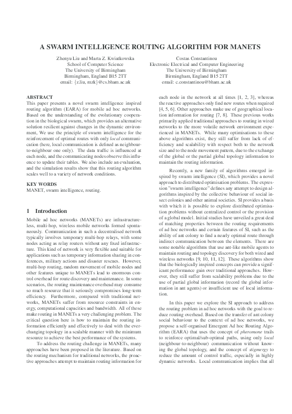 Pdf A Swarm Intelligence Routing Algorithm For Manets Zhenyu Liu