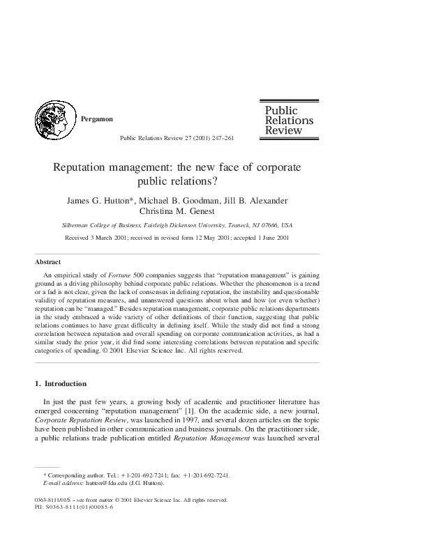 (PDF) Reputation management- the new face of corporate public relations