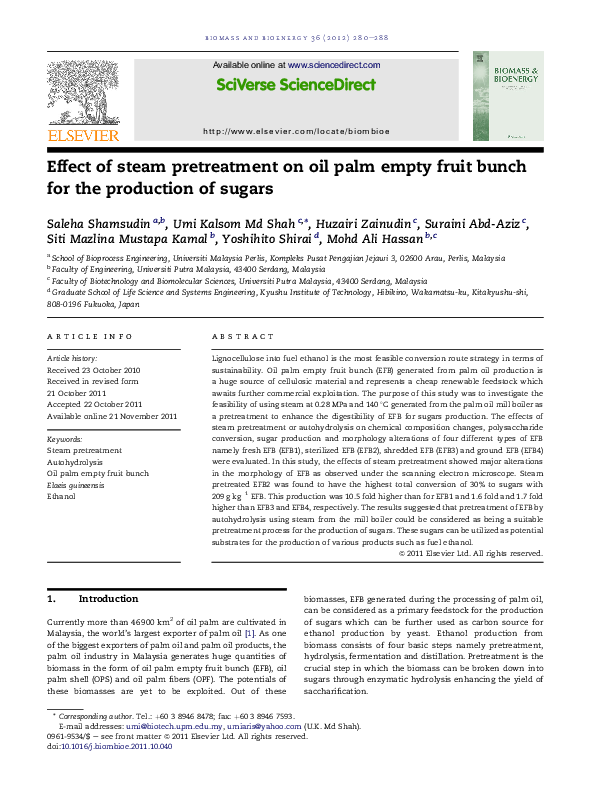 (PDF) Effect of steam pretreatment on oil palm empty fruit bunch for the production of sugars