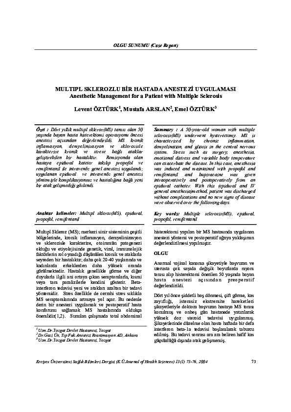 (PDF) MULTIPL SKLEROZLU BİR HASTADA ANESTEZİ UYGULAMASI Anesthetic ...