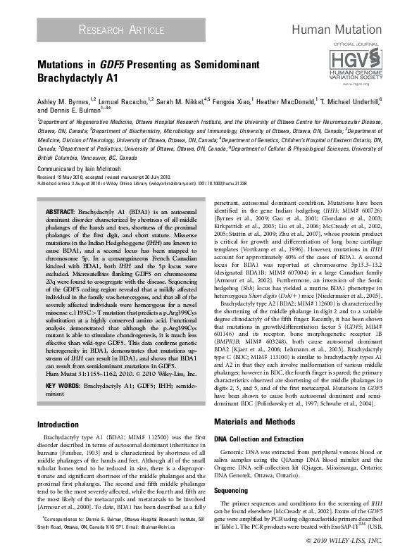 (PDF) Mutation in GDF5 Presenting as Semidominant Brachydactyly A1
