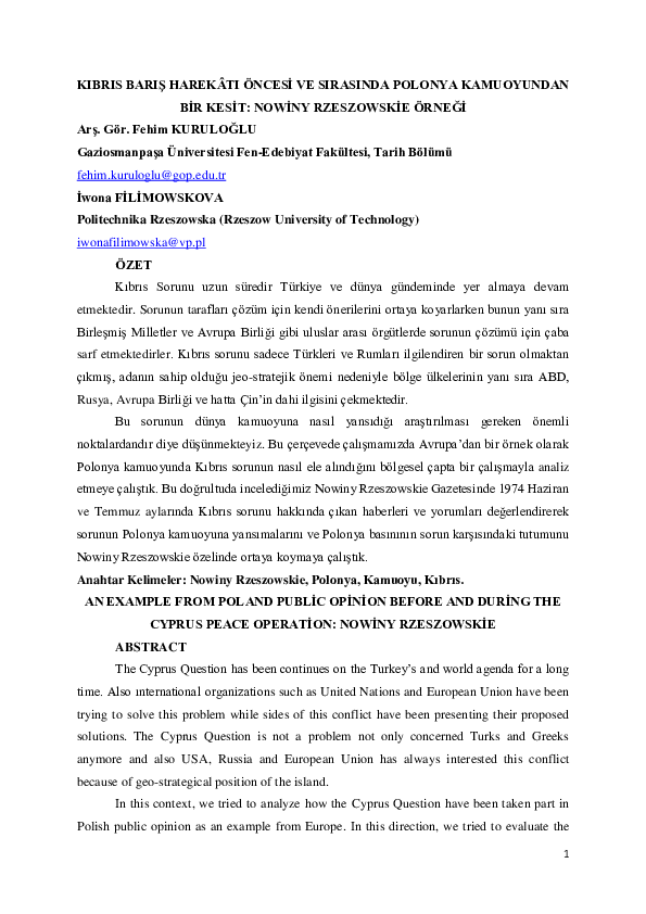(PDF) Kıbrıs Barış Harekâtı Öncesi Ve Sırasında Polonya Kamuoyundan Bir ...