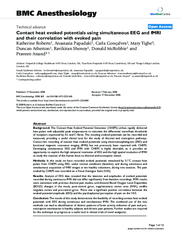 (PDF) Contact heat evoked potentials using simultaneous EEG and fMRI ...