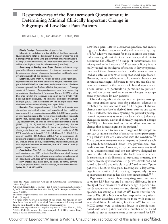 (PDF) Responsiveness of the Bournemouth Questionnaire in Determining ...
