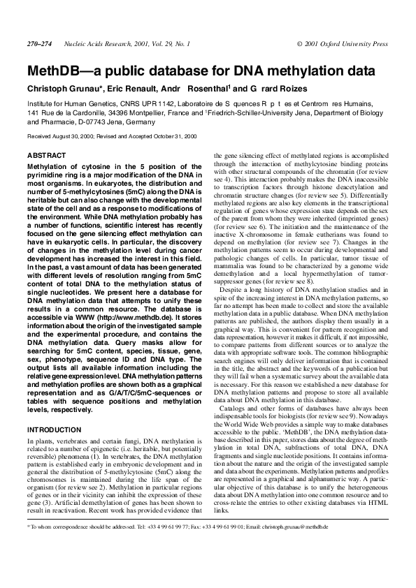 (PDF) MethDB - a public database for DNA methylation data | Gérard ...