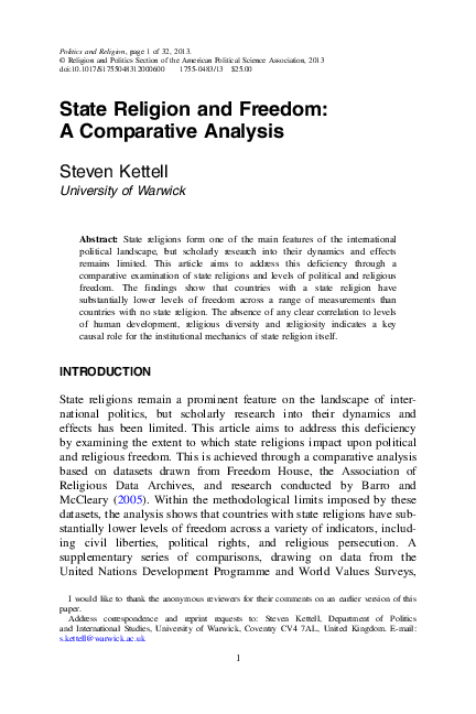 (PDF) State Religion and Freedom: A Comparative Analysis