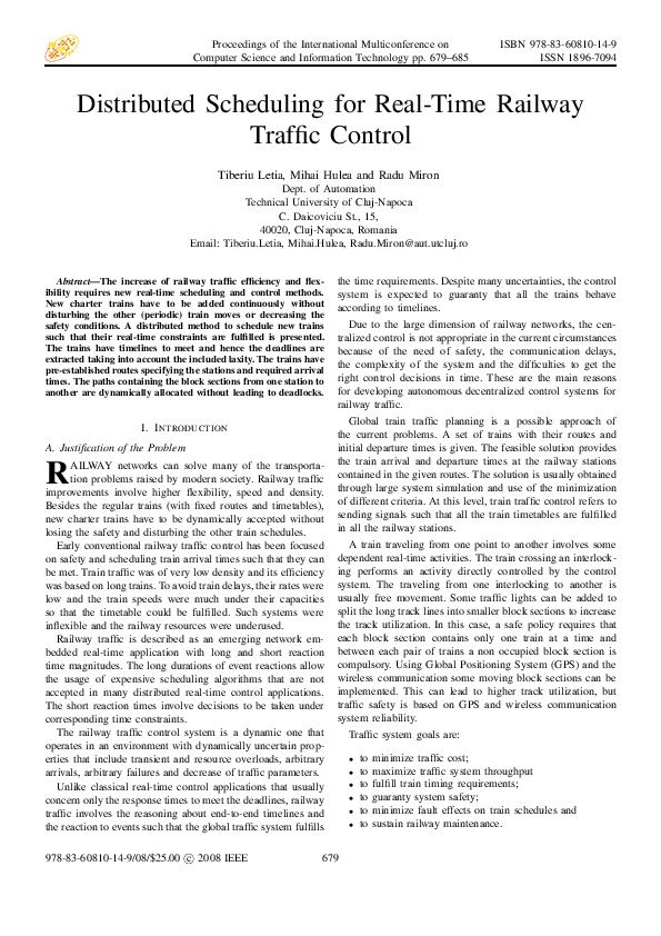 (PDF) Distributed scheduling for real-time railway traffic control