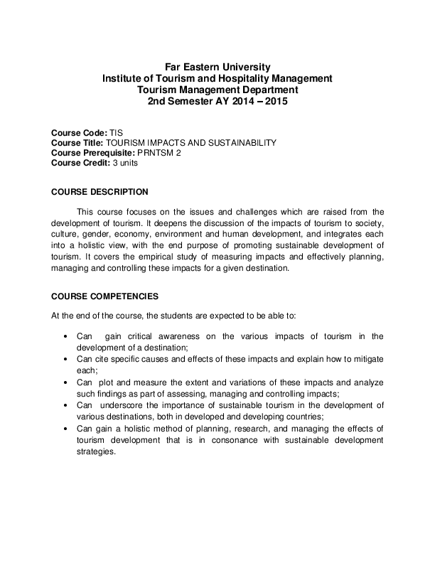 (PDF) Tourism Impacts and Sustainability Syllabus