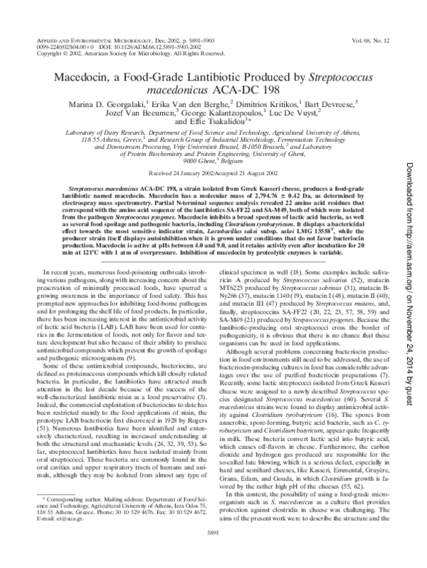 (PDF) Macedocin, a Food-Grade Lantibiotic Produced by Streptococcus ...