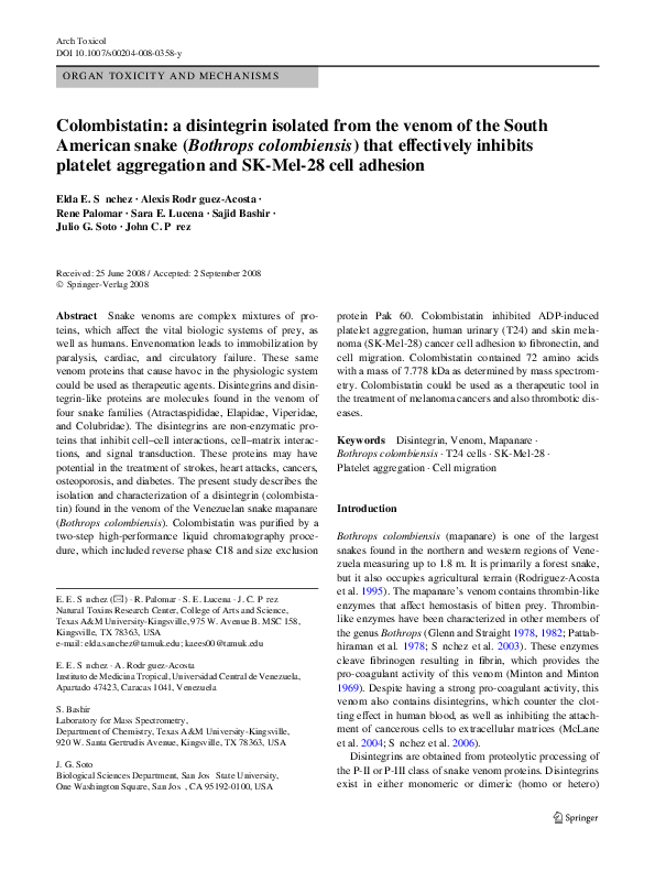 (PDF) Arch Toxicol Colombistatin: a disintegrin isolated from the venom ...