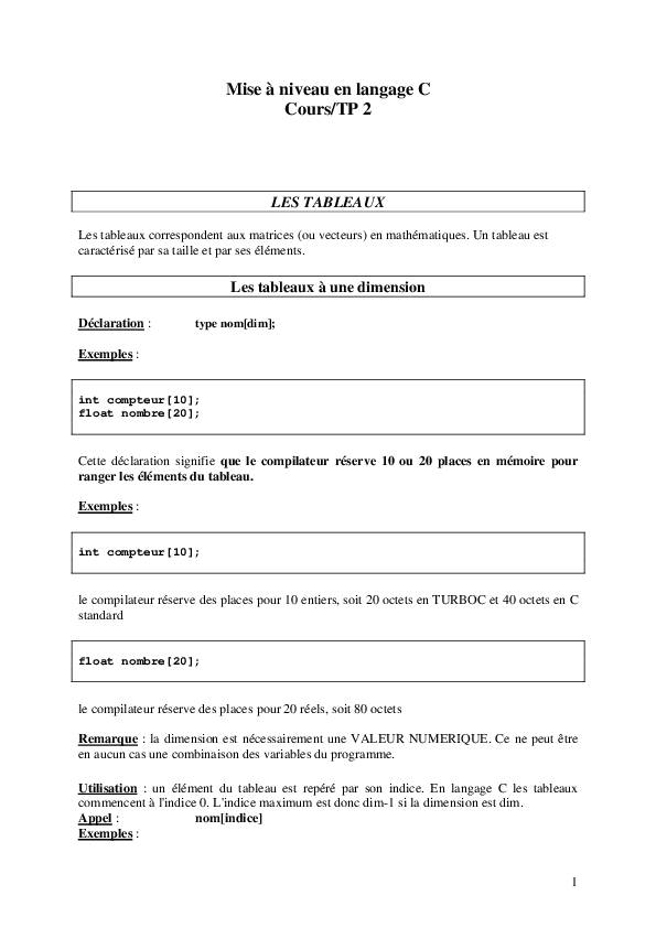 (PDF) Mise à niveau en langage C Cours/TP 2
