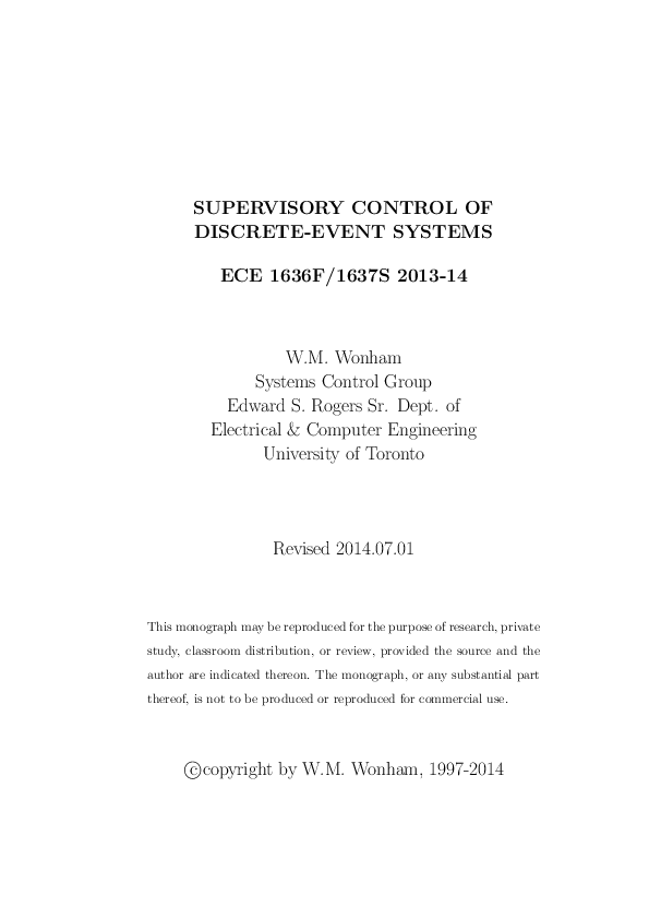 (PDF) SUPERVISORY CONTROL OF DISCRETE-EVENT SYSTEMS