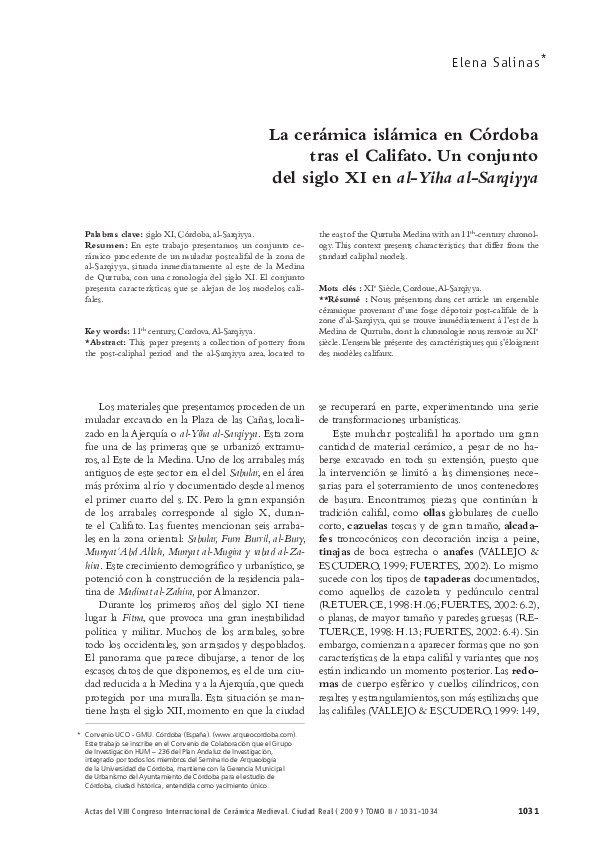 La cerámica islámica en Córdoba tras el califato. Un conjunto del siglo ...