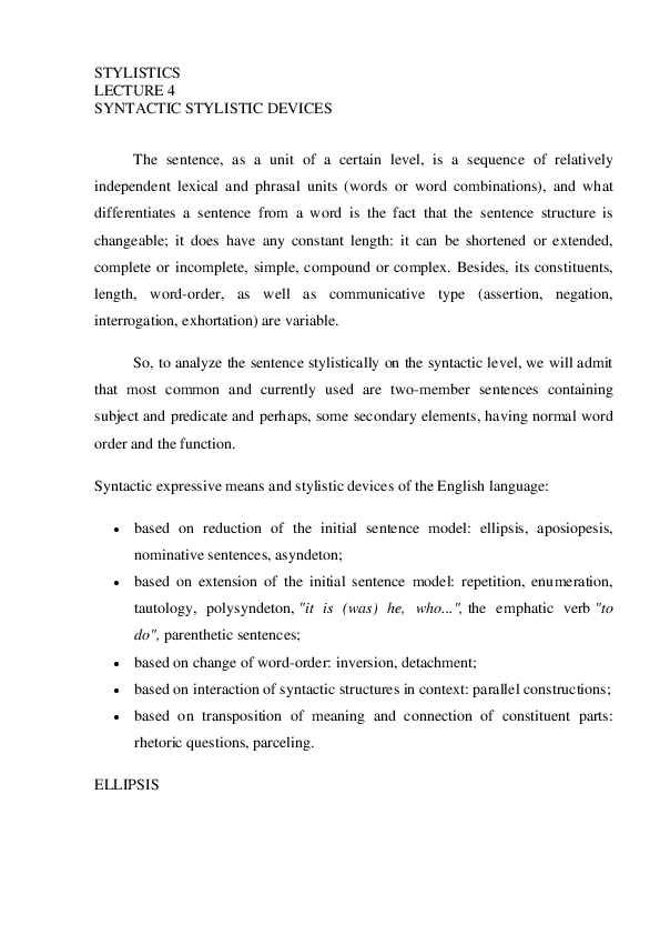 (PDF) STYLISTICS LECTURE 4 SYNTACTIC STYLISTIC DEVICES