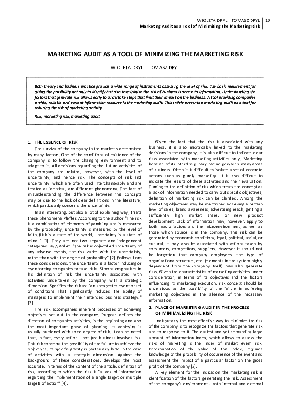 (PDF) MARKETING AUDIT AS A TOOL OF MINIMIZING THE MARKETING RISK