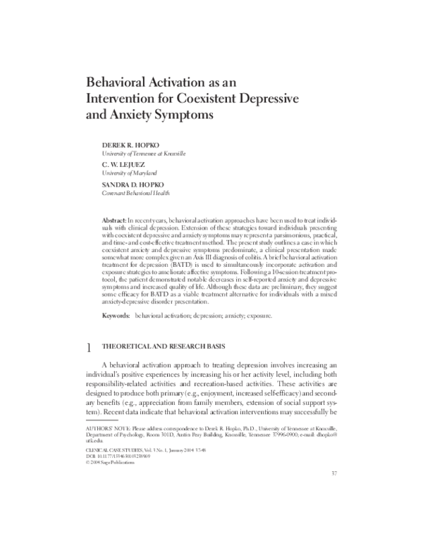 (PDF) Behavioral Activation as an Intervention for Coexistent ...