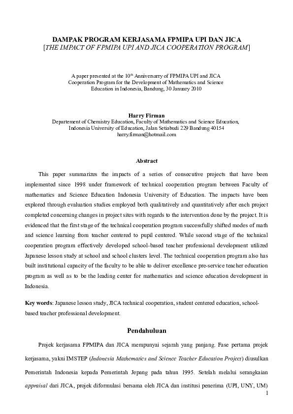 (DOC) DAMPAK PROGRAM KERJASAMA FPMIPA UPI DAN JICA [THE IMPACT OF ...